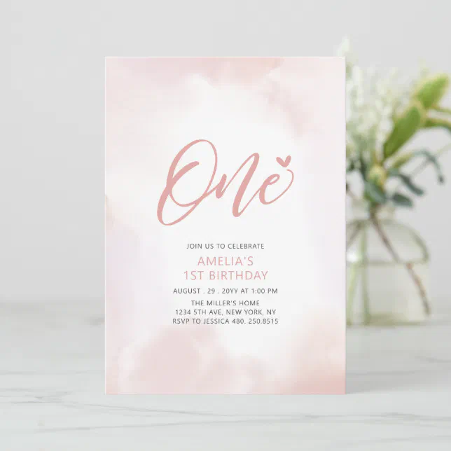 Simple Pink Heart One 1st Girl Birthday Party Invitation | Zazzle