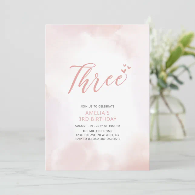 Simple Pink Heart Three 3rd Girl Birthday Party Invitation | Zazzle