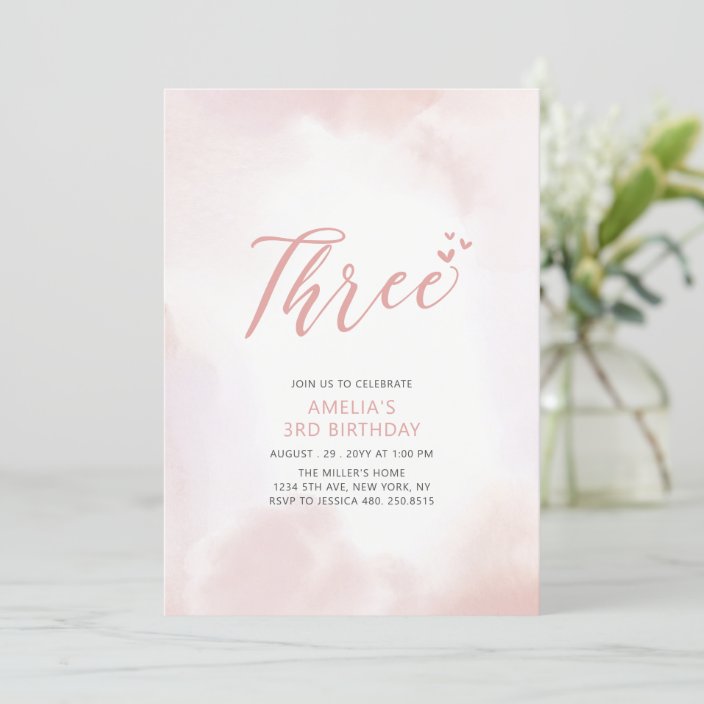 Simple Pink Heart Three 3rd Girl Birthday Party Invitation | Zazzle.com