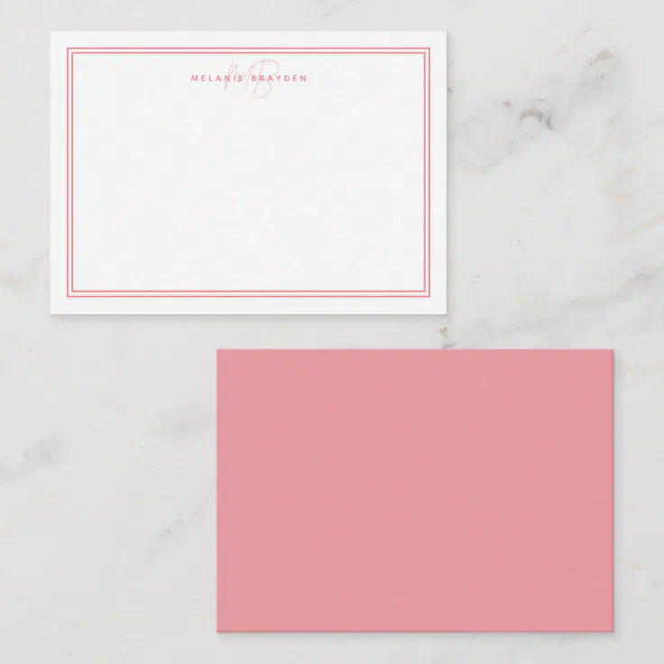 Simple Pink Minimalist Monogram Two Border Note Card | Zazzle