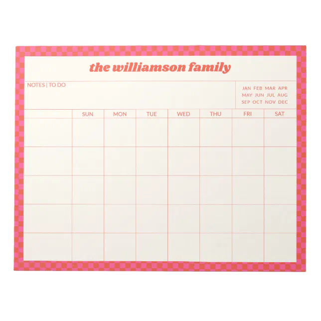 Simple Pink Red Checkered Family Planner Calendar Notepad | Zazzle