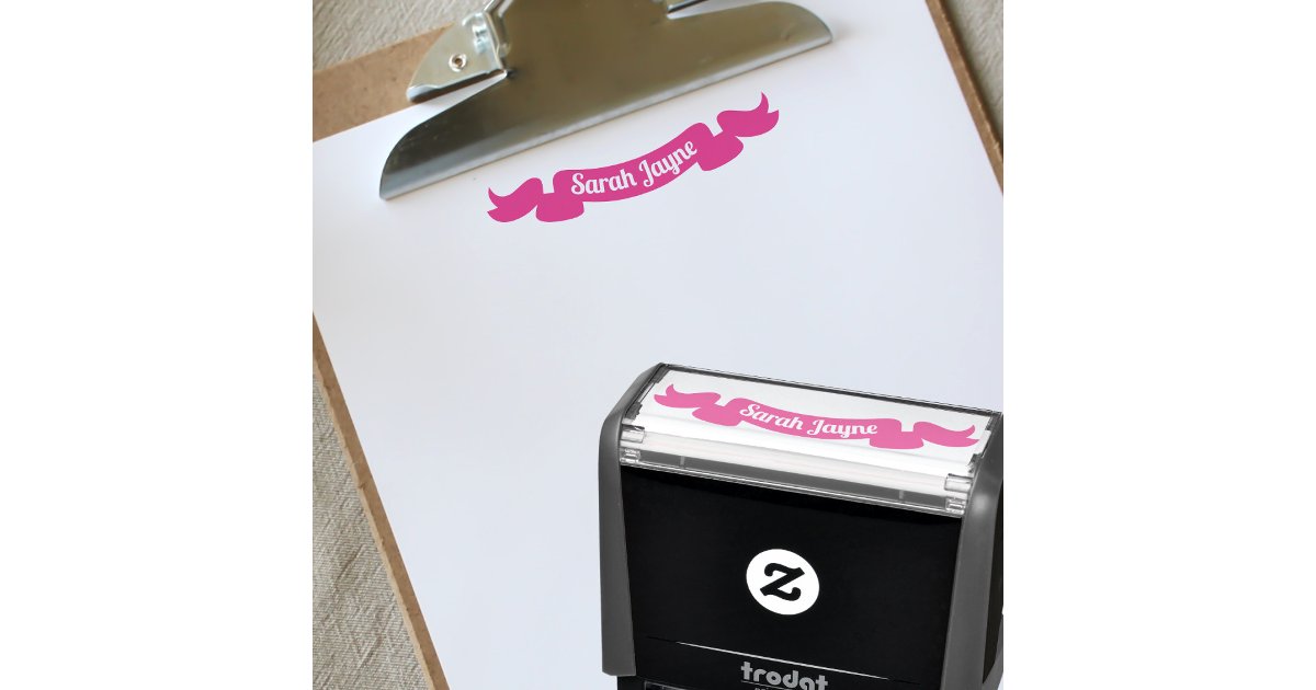 Simple Pink Ribbon Banner Custom Name Self-inking Stamp | Zazzle