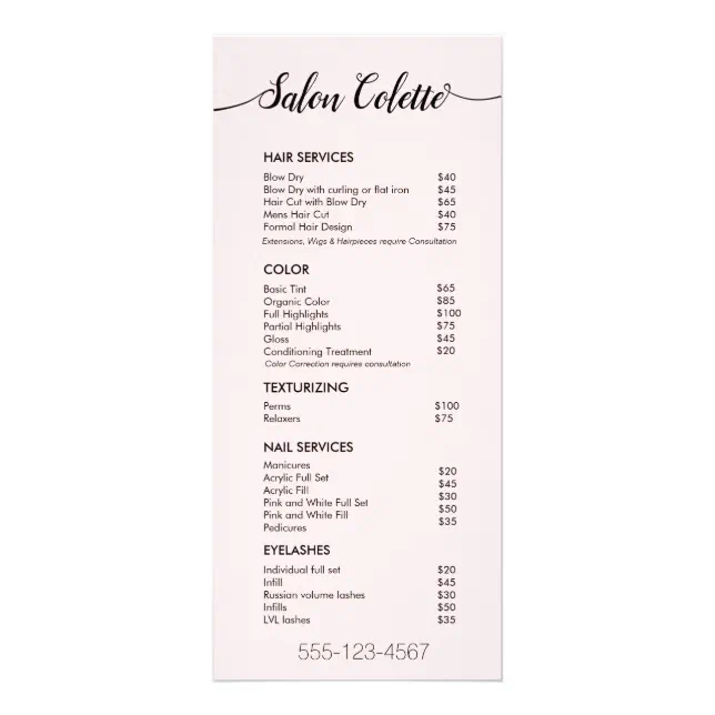 Simple Pink Script Salon Spa Service Menu | Zazzle