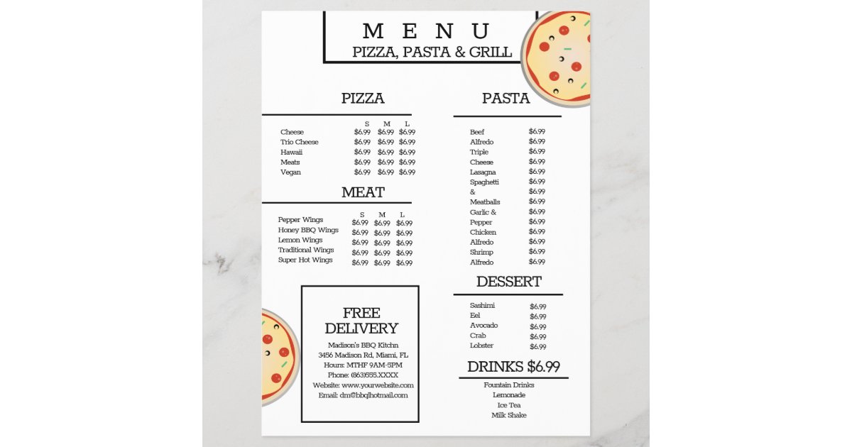 Simple Pizza Pasta Grill Restaurant Spaghetti Menu Flyer | Zazzle