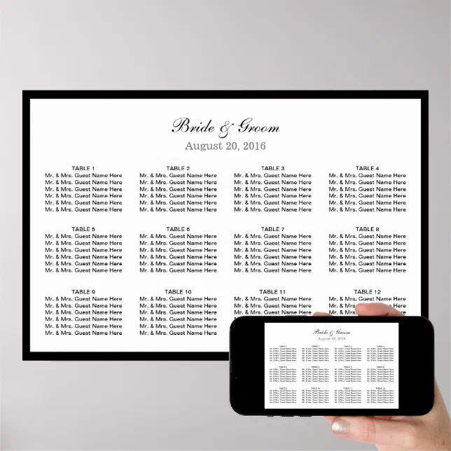 Simple Plain Black Border Wedding Seating Chart | Zazzle
