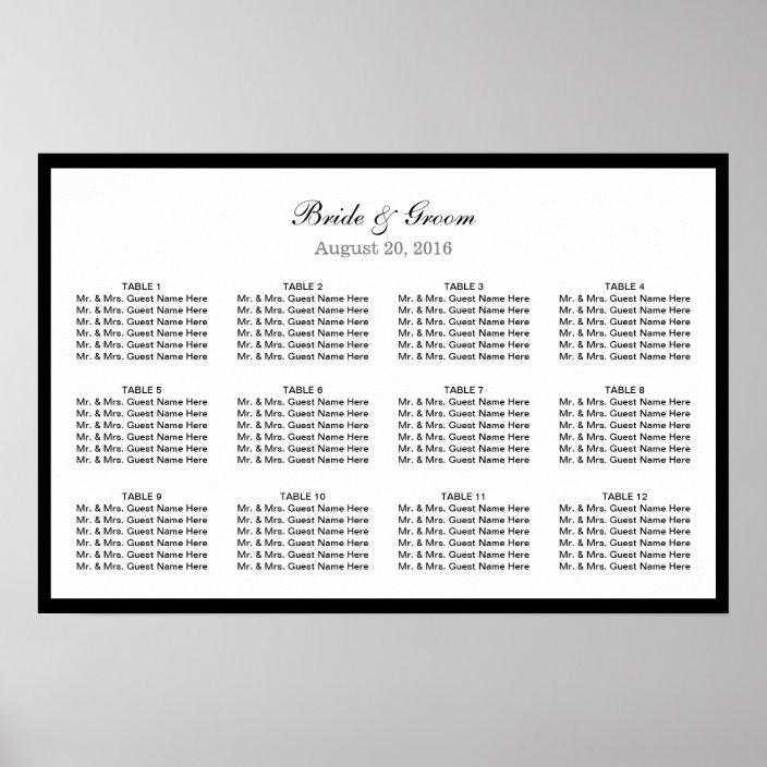 Simple Plain Black Border Wedding Seating Chart | Zazzle.com