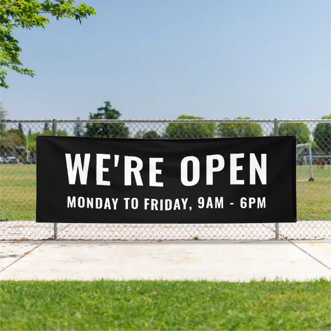 Simple Plain Black We're Open Store Office Signage Banner | Zazzle