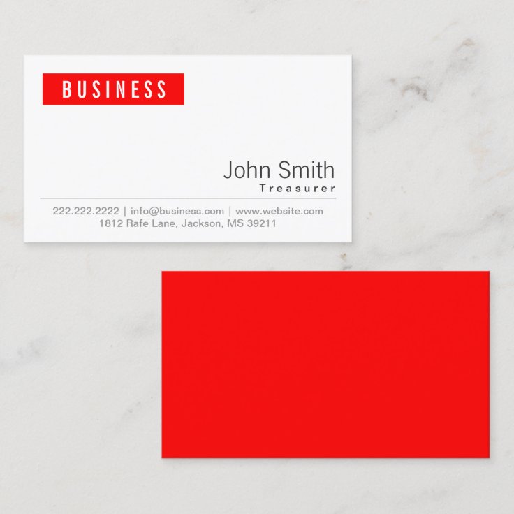 Simple Plain Red Label Treasurer Minimalist Business Card | Zazzle