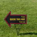 Simple PLEASE QUEUE THIS WAY Custom Black Yellow Sign | Zazzle