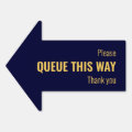 Simple PLEASE QUEUE THIS WAY Custom Navy Yellow Sign | Zazzle