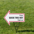 Simple PLEASE QUEUE THIS WAY Custom White Red Sign | Zazzle