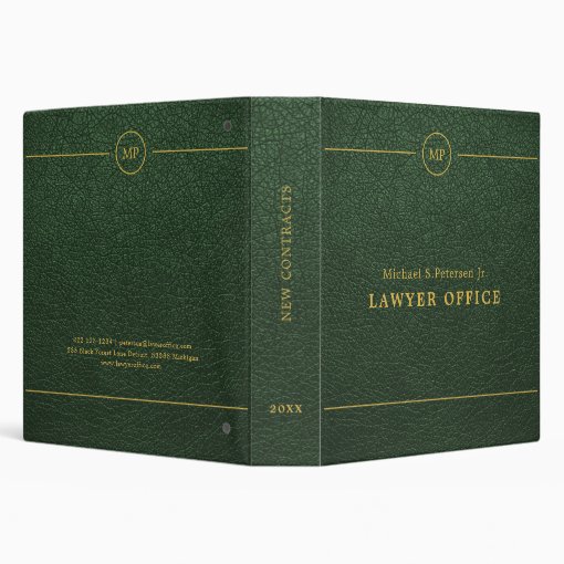 Simple professional lawyer attorney green leather 3 ring binder | Zazzle