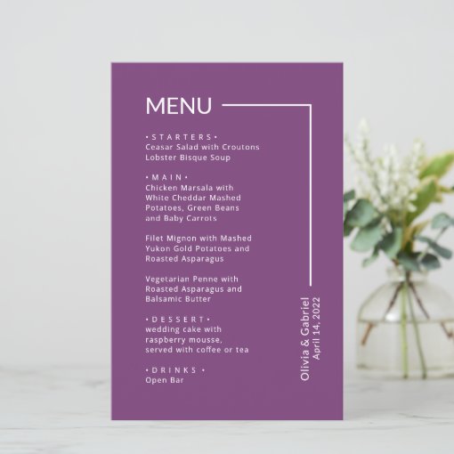 Simple Purple Typography minimalist wedding menu | Zazzle