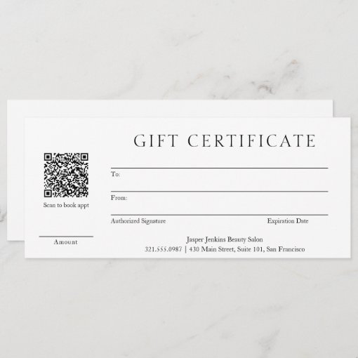 Simple QR Code Modern Business Gift Certificate | Zazzle