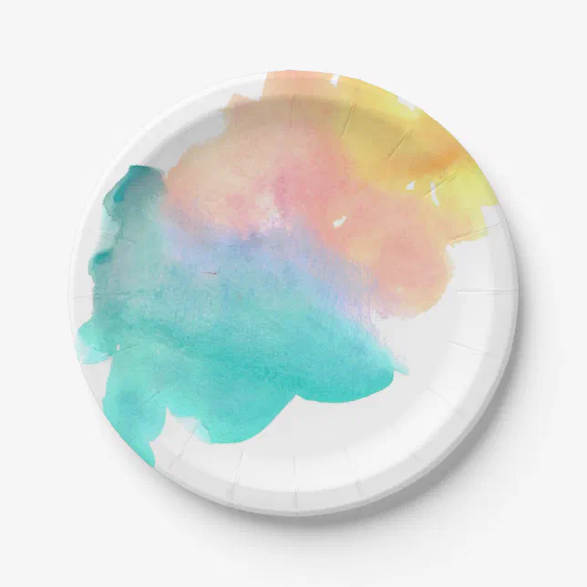 Simple rainbow watercolor splash paper plate | Zazzle