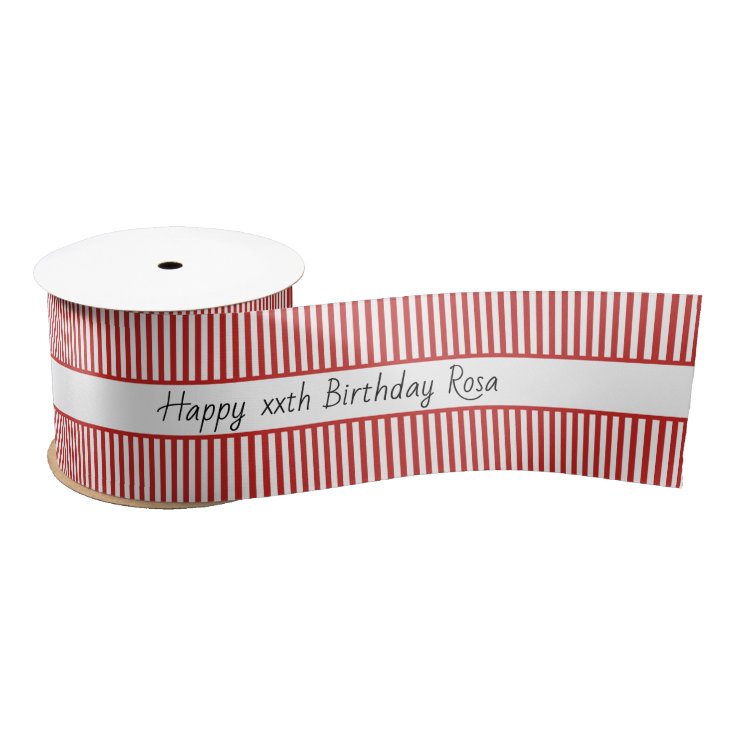 Simple Red and White Stripe Pattern Happy Birthday Satin Ribbon | Zazzle