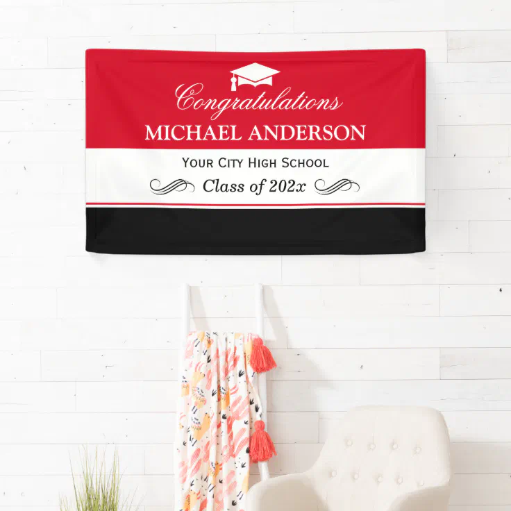 Simple Red Black White Graduation Party Banner | Zazzle