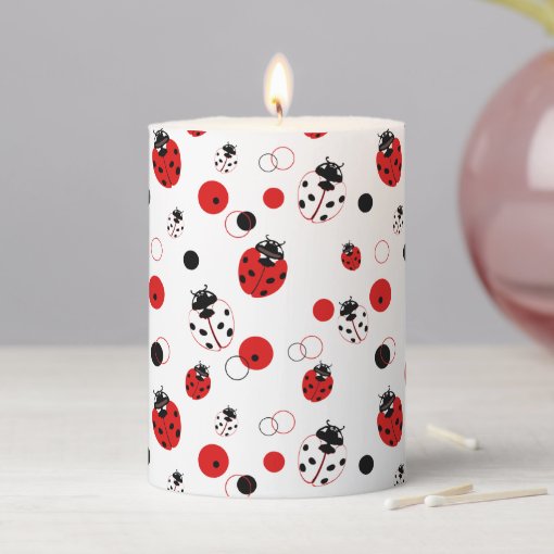 Simple Red, Black & White Ladybug Pattern Pillar Candle | Zazzle