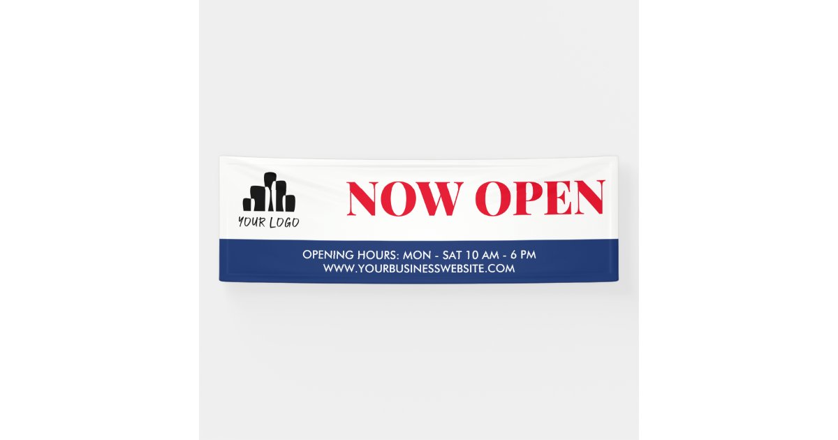 Simple Red Blue White Your Logo Now Open Banner | Zazzle