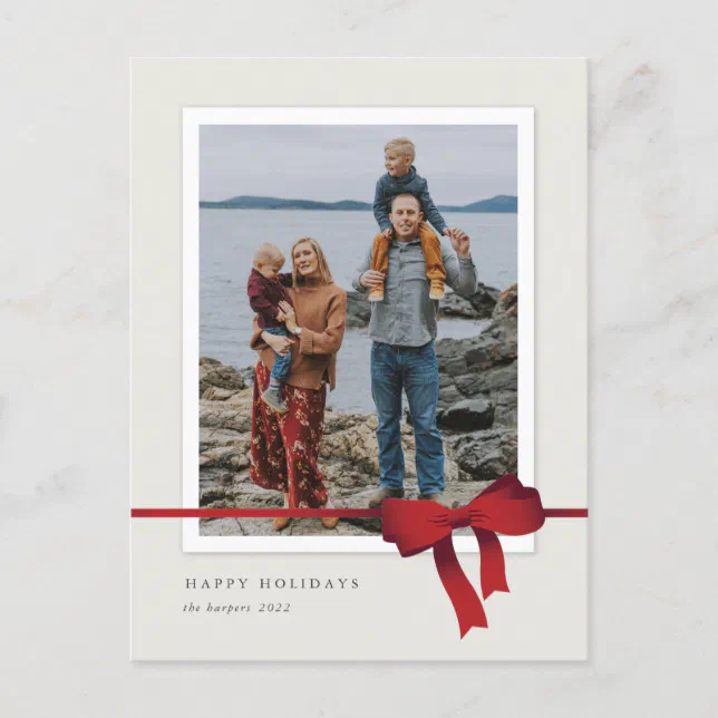 Simple Red Bow Photo Christmas Holiday Postcard | Zazzle