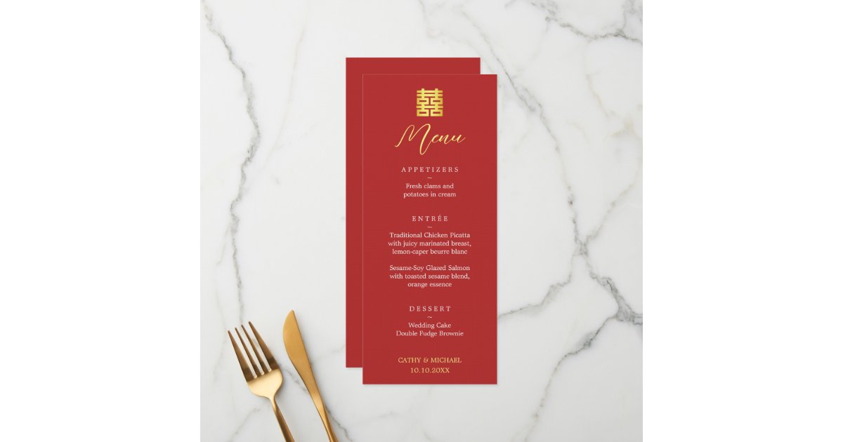 Simple red gold modern Chinese wedding Menu | Zazzle