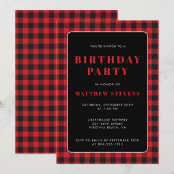 Simple Red Plaid Birthday Party Invitation | Zazzle