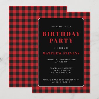 Simple Red Plaid Birthday Party Invitation | Zazzle