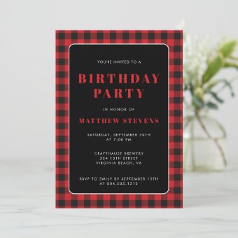 Simple Red Plaid Birthday Party Invitation | Zazzle