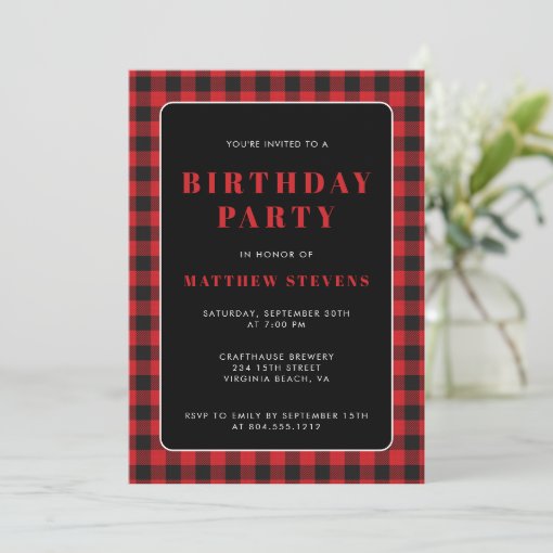 Simple Red Plaid Birthday Party Invitation | Zazzle