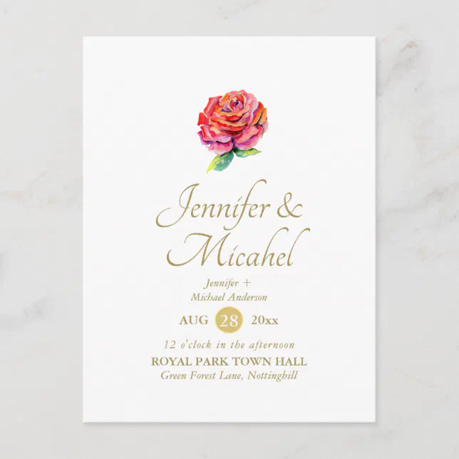 Simple Red Rose Modern Floral Wedding Invitation Postcard | Zazzle