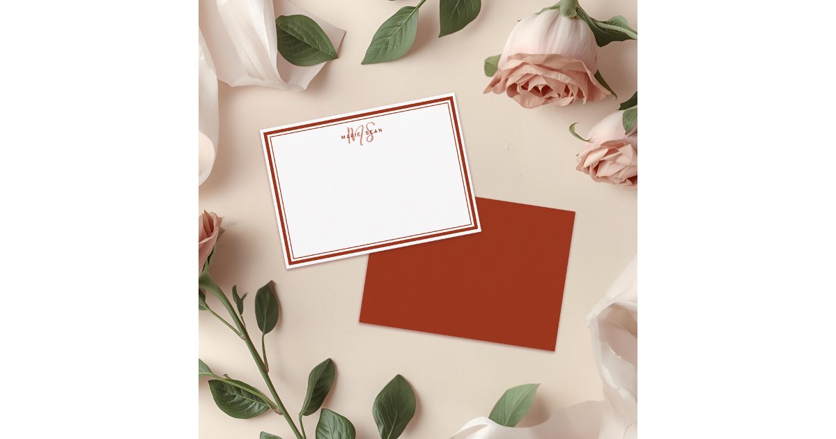 Simple Red Scarlet Minimalist Monogram Two Border Note Card | Zazzle
