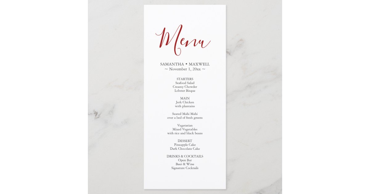 Simple Red Wedding Menus Card | Zazzle