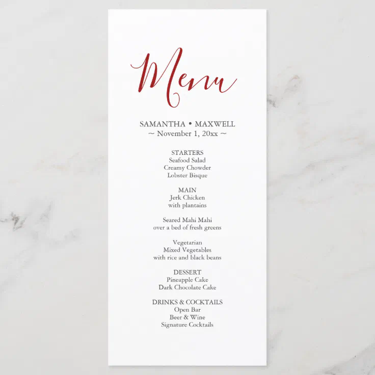 Simple Red Wedding Menus Card | Zazzle