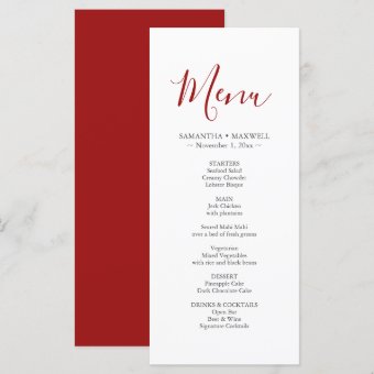 Simple Red Wedding Menus Card | Zazzle