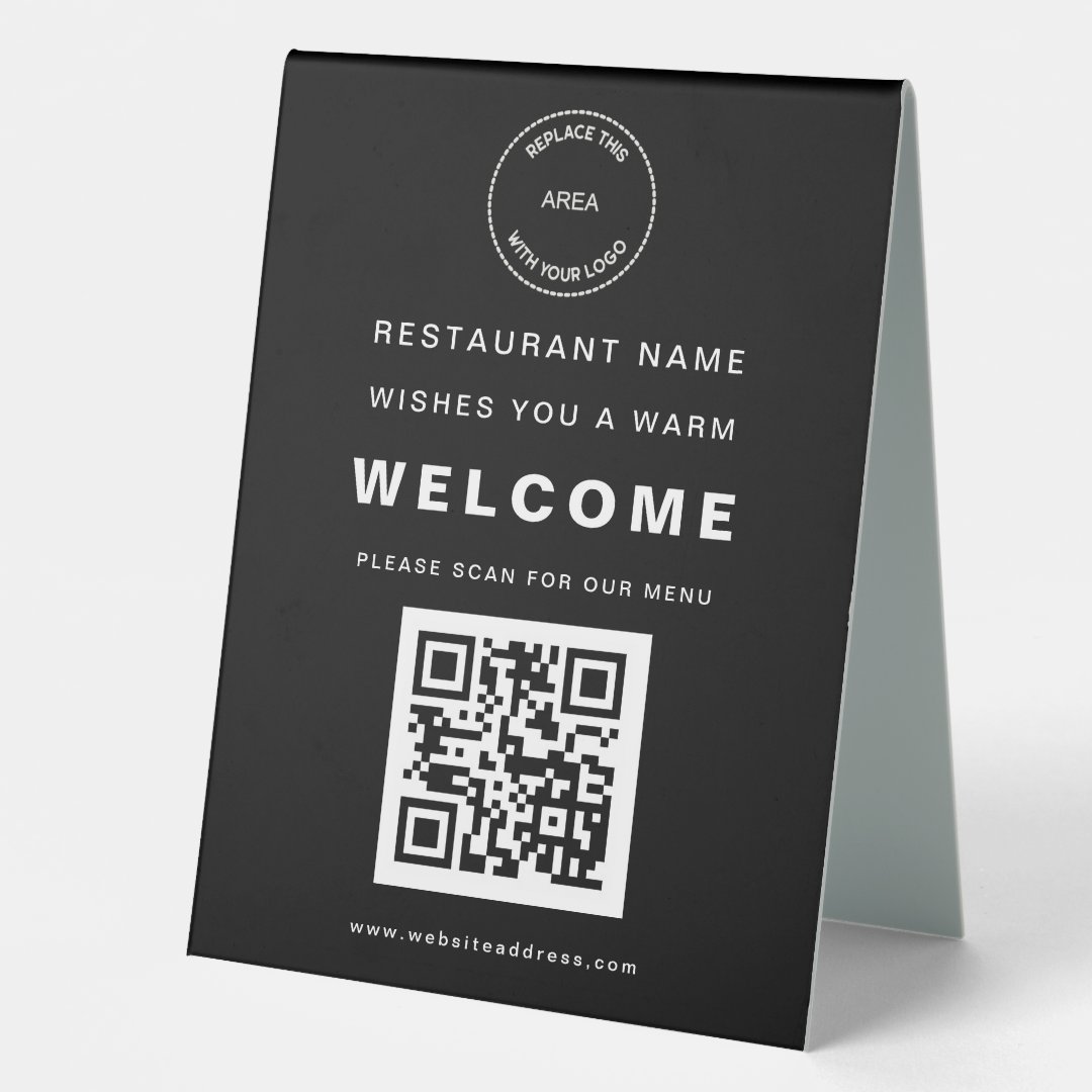 Simple Restaurant Logo Menu QR Code Welcome Black Table Tent Sign | Zazzle