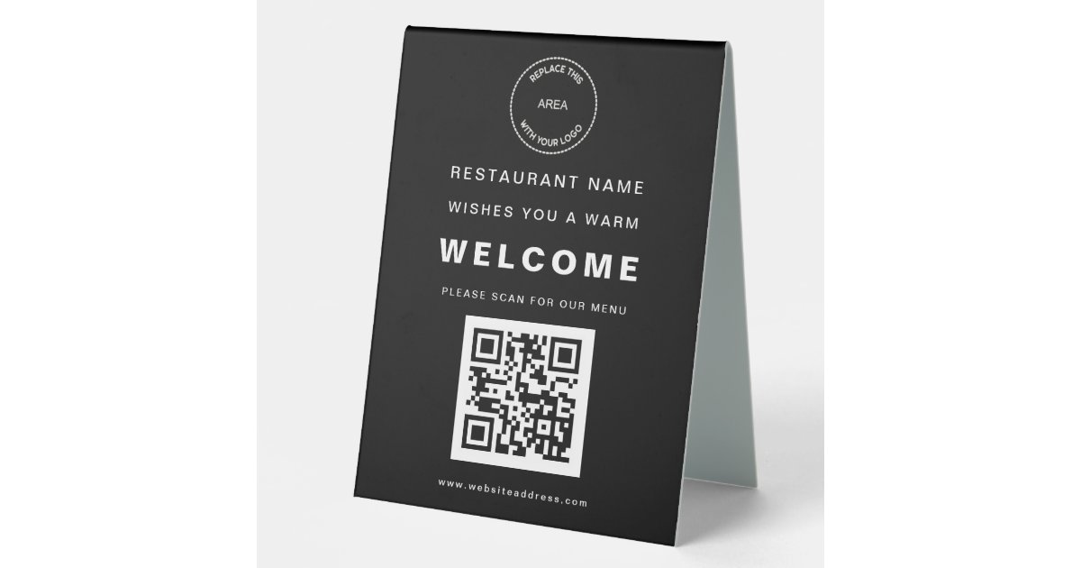 Simple Restaurant Logo Menu QR Code Welcome Black Table Tent Sign | Zazzle