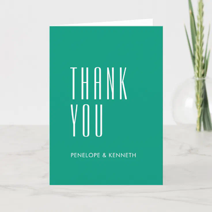 Simple Retro Custom Names Wedding Solid Emerald Thank You Card | Zazzle