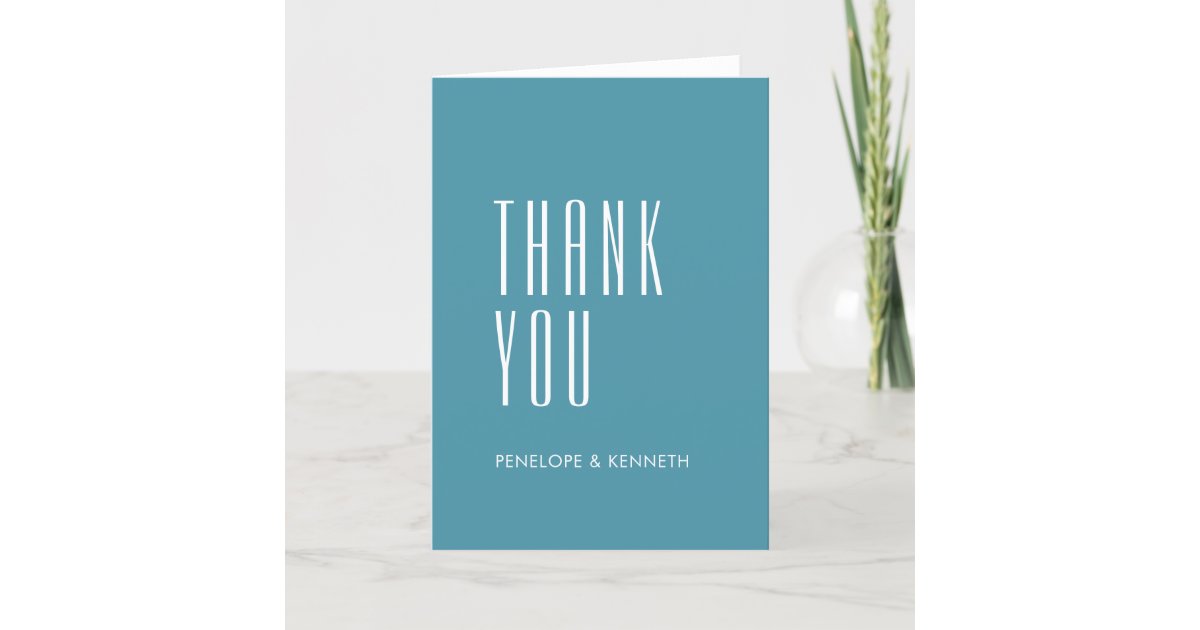 Simple Retro Custom Names Wedding Solid Teal Blue Thank You Card | Zazzle