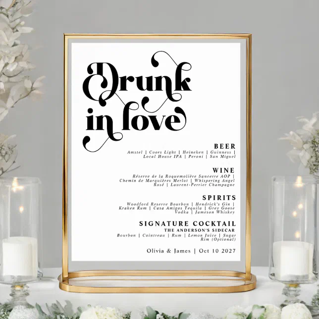 Simple Retro Drunk in Love Wedding Bar Menu Poster | Zazzle