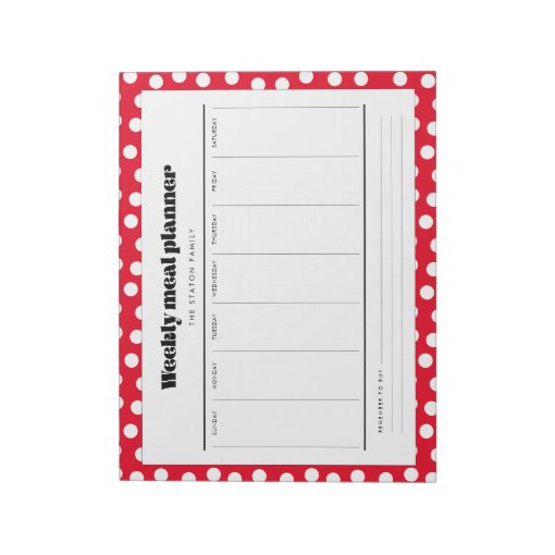 Simple retro polka dot weekly meal planner notepad | Zazzle