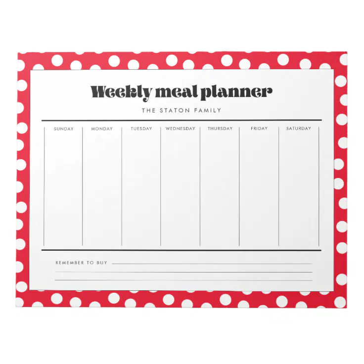 Simple retro polka dot weekly meal planner notepad | Zazzle