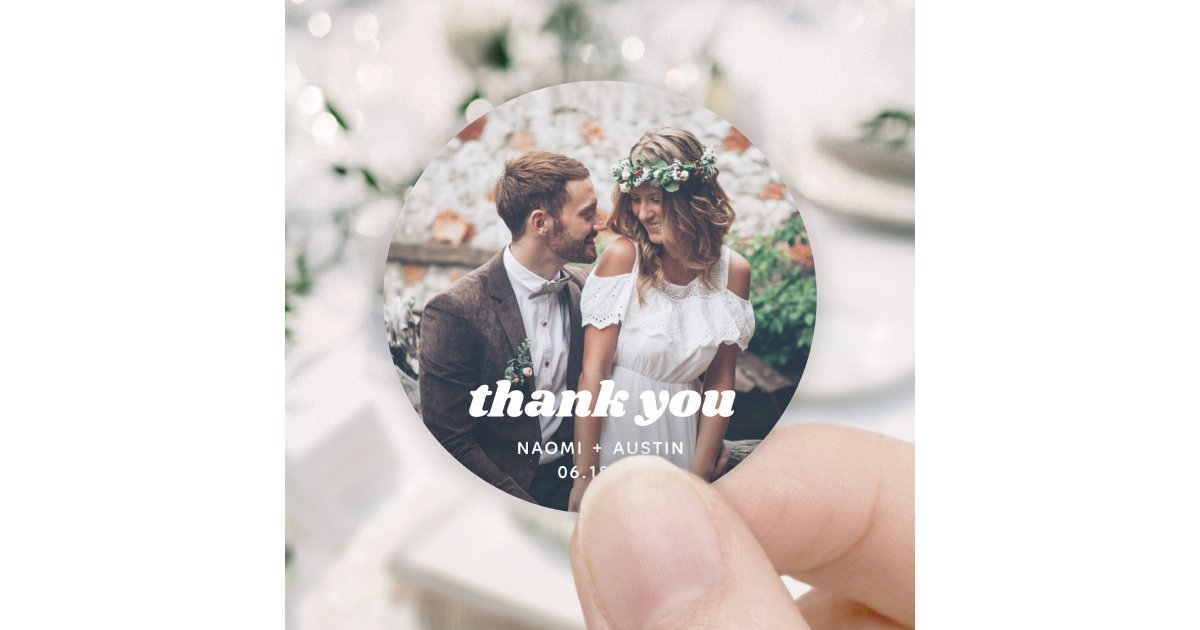 Simple Retro Typography & Photo Wedding Thank You Classic Round Sticker ...