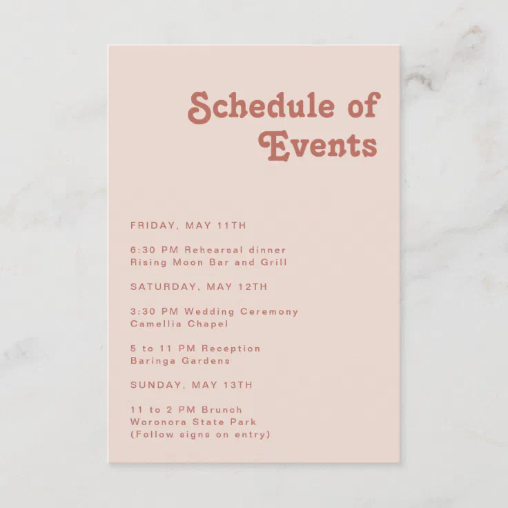Simple Retro Vibes | Blush Pink Schedule of Events Enclosure Card | Zazzle