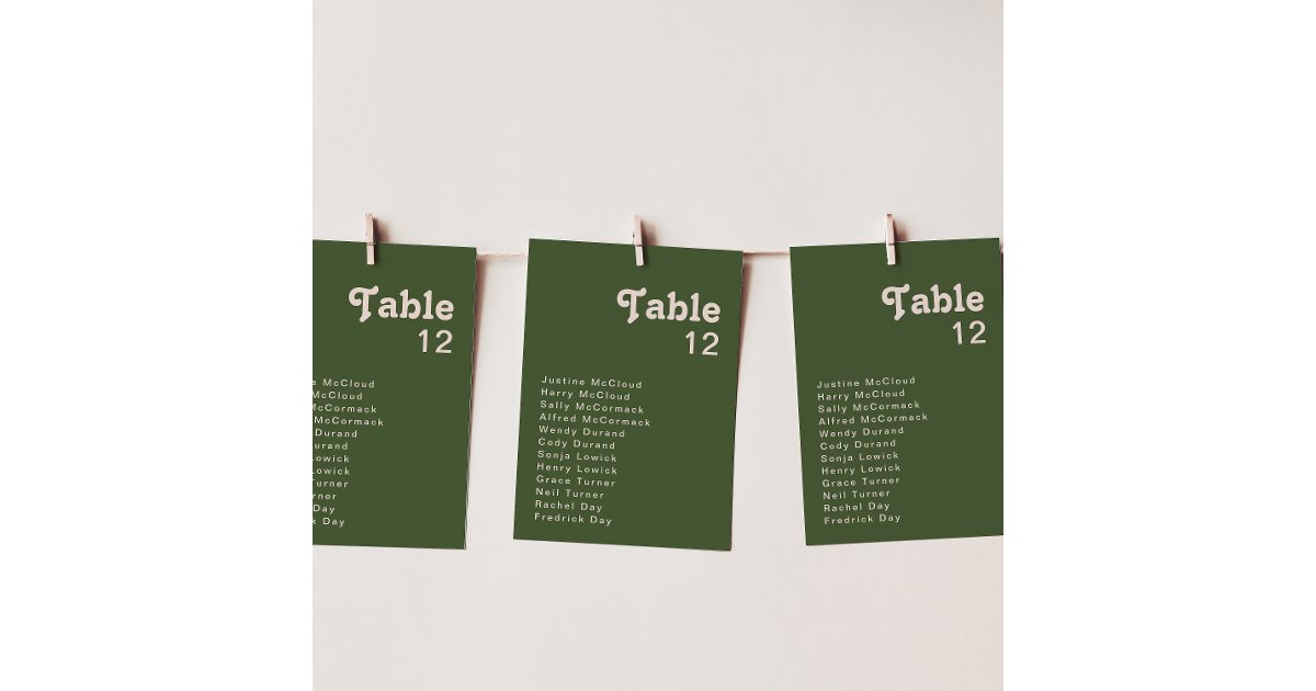 Simple Retro Vibes Olive Green Table Number Chart | Zazzle