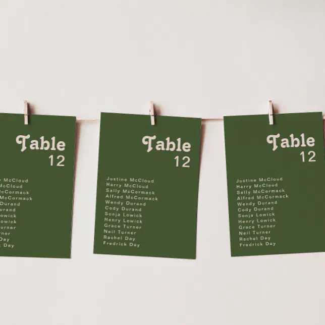 Simple Retro Vibes Olive Green Table Number Chart | Zazzle