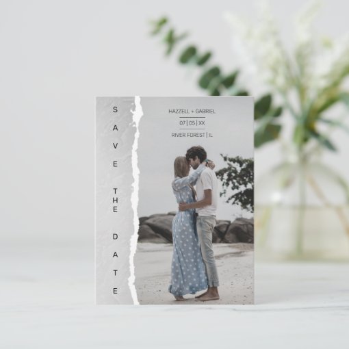 Simple Ripped Paper Effect Wedding Custom Photo Postcard | Zazzle