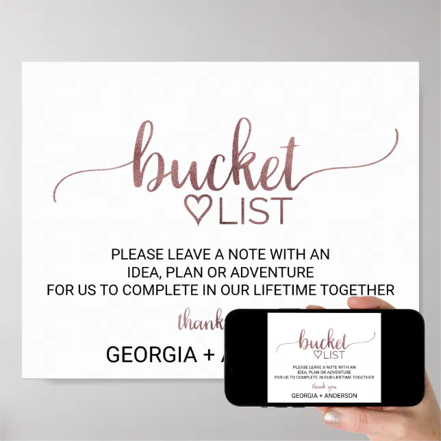 Simple Rose Gold Calligraphy Bucket List Sign | Zazzle