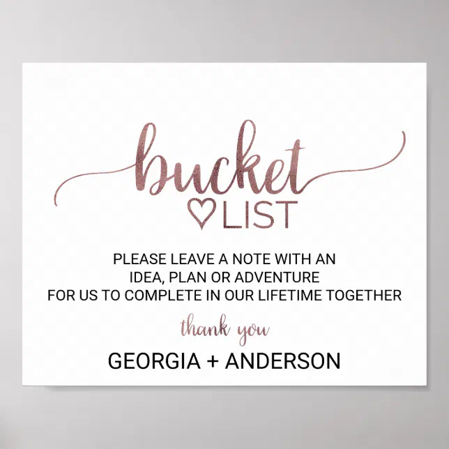 Simple Rose Gold Calligraphy Bucket List Sign | Zazzle
