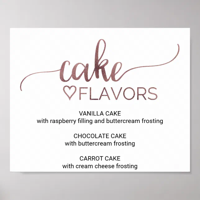 Simple Rose Gold Calligraphy Cake Flavors Sign | Zazzle
