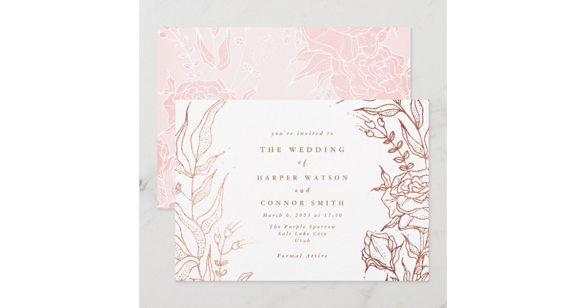 Simple Rose Gold Copper Elegant Floral Wedding Invitation | Zazzle